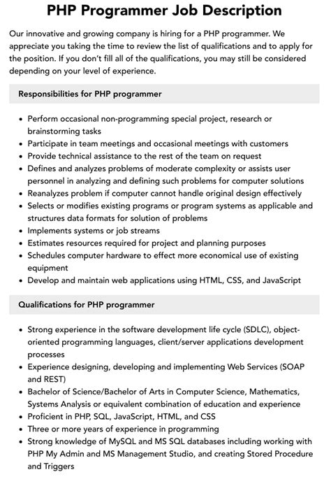 Php Programmer Job Description Velvet Jobs