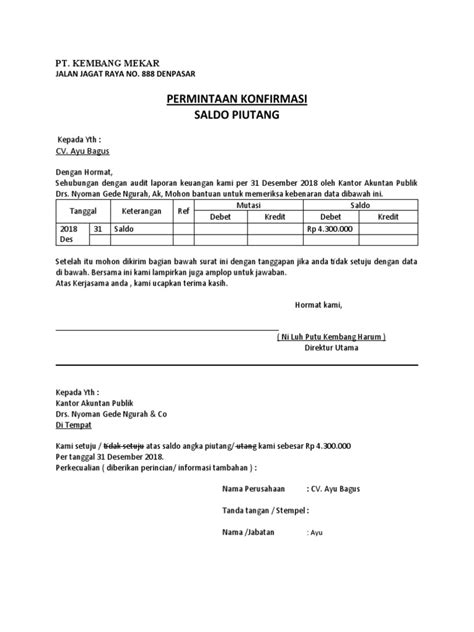 Form Konfirmasi Piutang I Kadek Arisuta 118210940 Fix Pdf