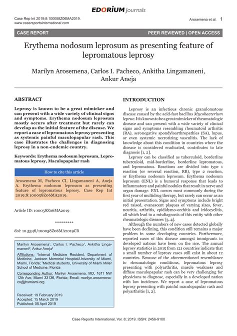 Pdf Erythema Nodosum Leprosum As Presenting Feature Of Lepromatous