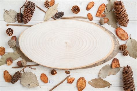 Premium Photo Cross Section Of A Tree On A Wooden Background In Autumn Style Top View