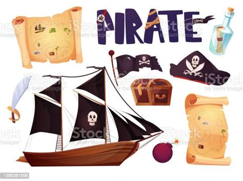 해적들은 만화 스타일로 아이콘을 설정합니다 하얀 두개골과 교차 뼈가있는 깃발 검은 깃발을 흔들고 있습니다 고대 양피지 해적의 보물지도 병 빈티지 질감의 종이 가슴 선장에