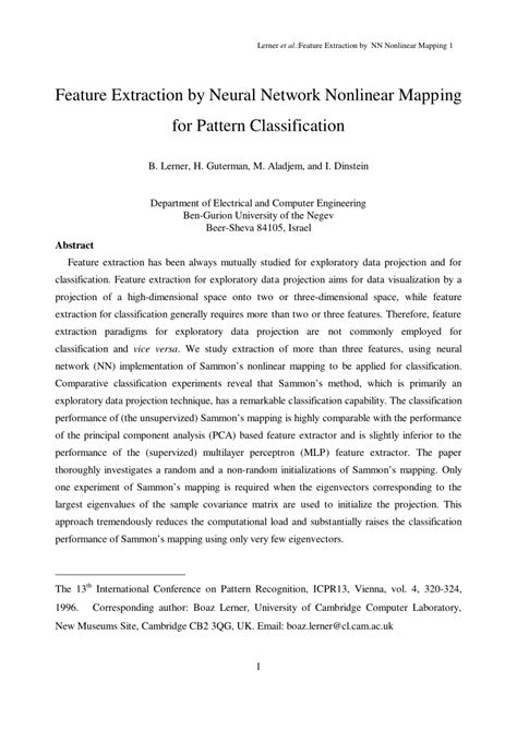 Pdf Feature Extraction By Neural Network Nonlinear Mapping For Pattern Classification