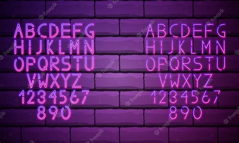 보라색 네온 알파벳 글꼴 벽돌 벽 배경에 문자 숫자 레이블 제목 포스터 등을 위한 벡터 서체 프리미엄 벡터