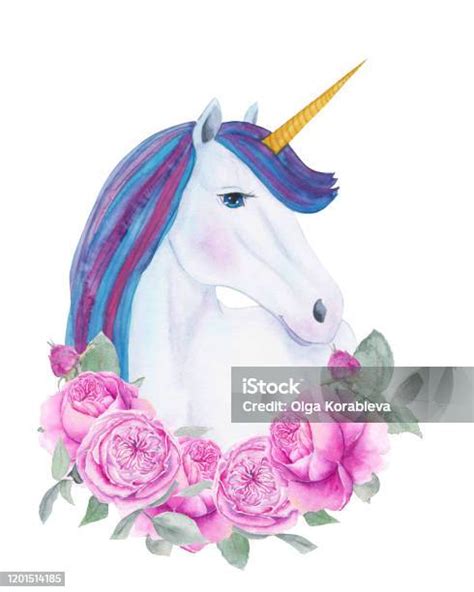 흰색 배경에 고립 된 꽃 화환과 수채화 흰색과 파란색 유니콘 가공의 인물에 대한 스톡 벡터 아트 및 기타 이미지 가공의 인물 갈기 공주 Istock