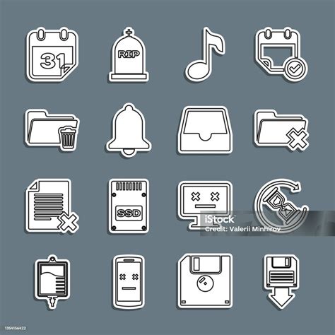 세트 라인 플로피 디스크 백업 대기 폴더 삭제 음악 노트 톤 벨 캘린더 및 소셜 미디어 받은 편지함 아이콘을 설정합니다 벡터 데스크탑 컴퓨터에 대한 스톡 벡터 아트 및 기타