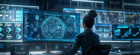 Woman Analyzing Data On Multiple Monitors In A Hightech Control Room With Futuristic Interface