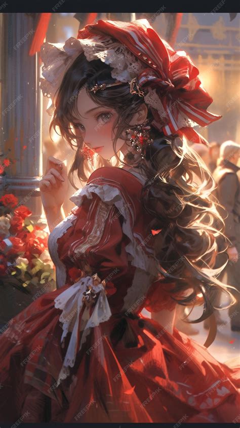 Premium Photo Anime Girl In Red Dress With Red Umbrella In City