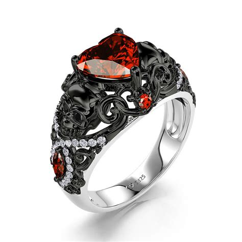 Jeulia Black Twist Ruby Heart Skull Ring Sterling Silver Jeulia Jewelry