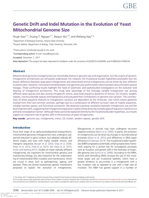 Pdf Genetic Drift And Indel Mutation In The Evolution Of Yeast Mitochondrial Genome Size