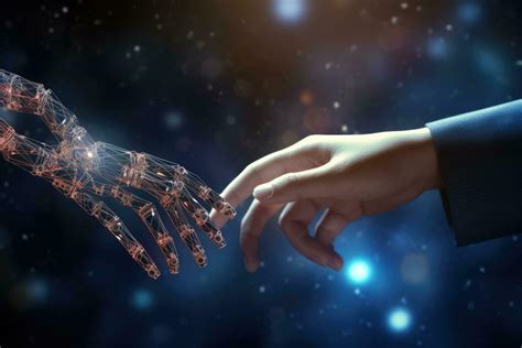 Close Up Of Human Hand Touching With Finger Robot Arm 3d Rendering Ai