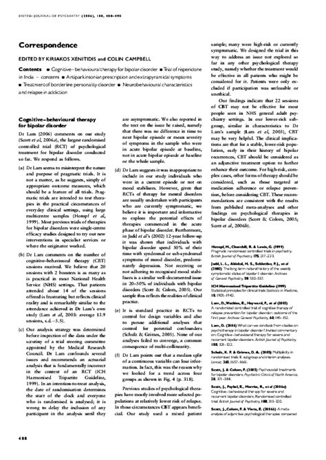Pdf Cognitive Behavioural Therapy For Bipolar Disorder