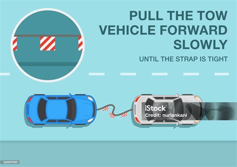 안전 운전 요령 견인 차량에 대한 규칙 유연한 장애로 고장난 파란색 차를 견인하는 흰색 자동차 스트랩이 조여질 때까지 견인 차량을 천천히 앞으로 당깁니다 거리에 대한 스톡