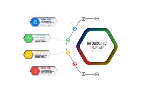 흰색 배경에 얇은 선 아이콘이있는 4 개의 사실적인 육각형 요소 비즈니스 인포그래픽 템플릿 종이에 기하학적 구멍이 있는 현대적인 다이어그램 프레젠테이션을 위한 벡터 시각화