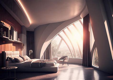 고급스러운 호텔 객실 대형 창문 생성 Ai 일러스트레이션이 있는 현대적인 침실 인테리어 프리미엄 사진