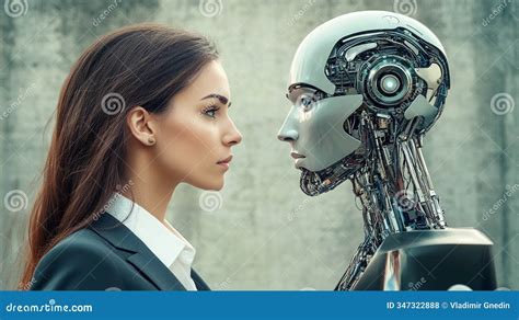 The Face Of The Businesswoman And The Robot Opposite Each Other Look Into The Eyes Modern