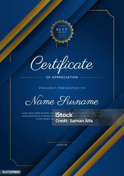 감사 템플릿 금색 및 파란색 인증서 골드 배지로 현대적인 인증서를 청소하십시오 고급스럽고 현대적인 라인 패턴의 인증서 테두리 템플릿 디플로마 벡터 템플릿 감사장에 대한 스톡