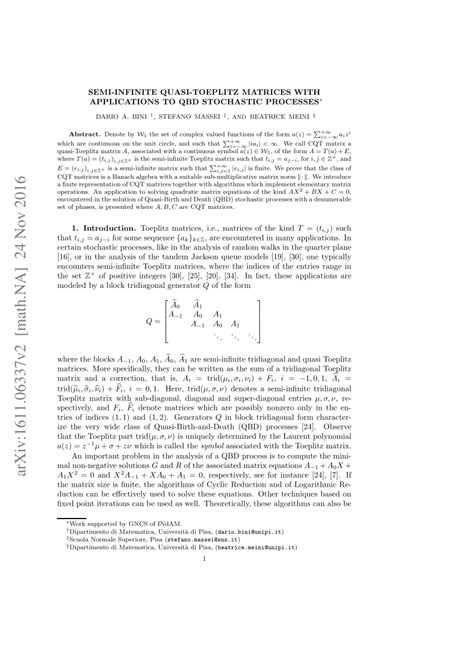 pdf semi infinite quasi toeplitz matrices with applications to qbd stochastic processes