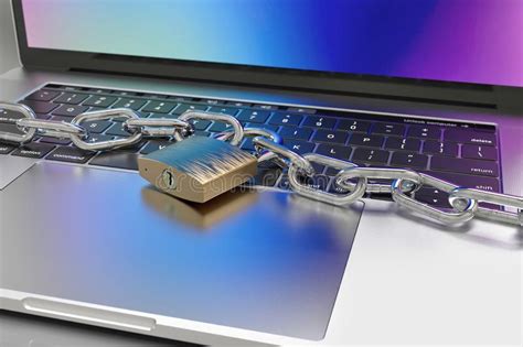Computer Keyboard Locked With Padlock And Chain Security Stock