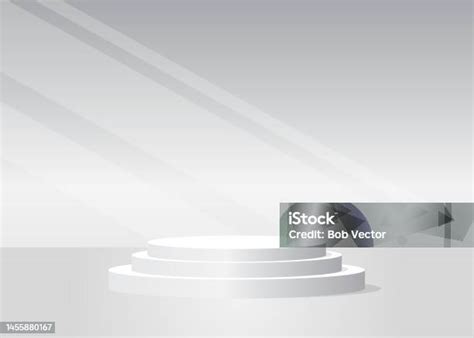 흰색 실린더 받침대 연단 추상 모형 제품 디스플레이 제품 전시 발표를 위한 단계 진열장 현실적인 벡터 3d 룸 미래 공상 과학
