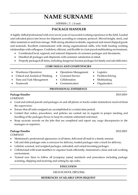 Professional Resume Examples For Package Handlers