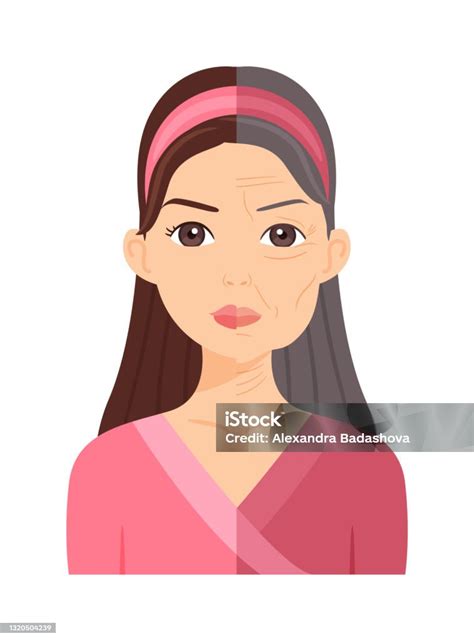 아름다운 갈색 머리 젊은 아가씨와 노인 노화 과정과 얼굴의 절반회색 머리와 주름 플랫 컬러 만화 스타일 흰색 배경입니다 벡터 스톡 일러스트레이션입니다 앞에서에 대한 스톡