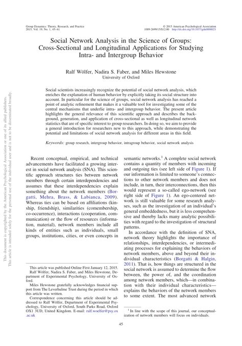 Social Network Analysis In The Science Of Groups Cross Sectional And