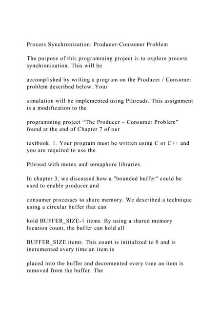 Process Synchronization Producer Consumer Problemthe Purpose Odocx