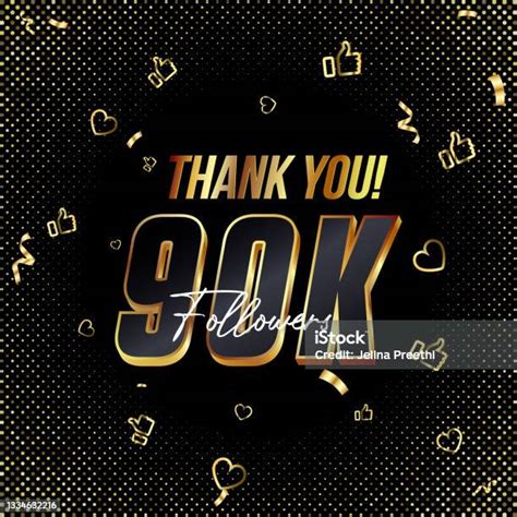 90k 팔로워에게 골드와 블랙 글꼴과 색종이를 주셔서 감사합니다 소셜 미디어 90000 또는 90 000 팔로워 감사 팔로워 블로거가 구독자를 축하합니다 3차원 형태에 대한
