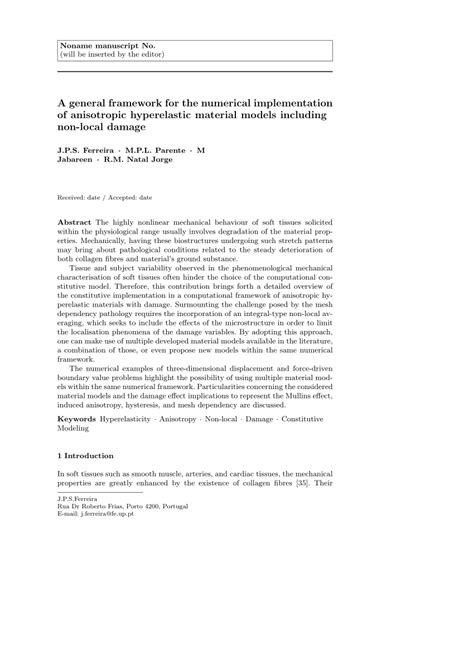 Pdf A General Framework For The Numerical Implementation Of Anisotropic Hyperelastic Material