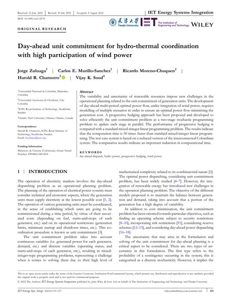 Pdf Day‐ahead Unit Commitment For Hydro‐thermal Coordination With High Participation Of Wind Power