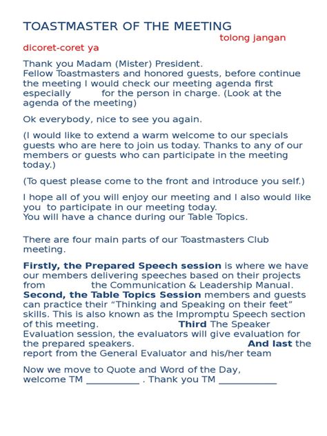 Toastmaster Of The Meeting Script Doc Public Speaking
