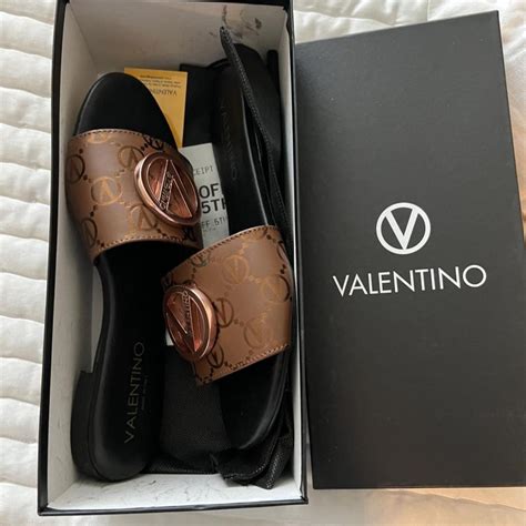 Valentino Womens Brown And Gold Slides Depop