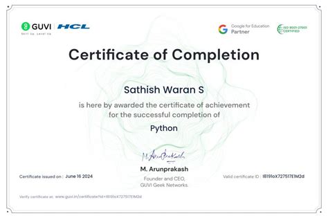 Sathish Waran S On Linkedin Pythonprogramming Certification Continuouslearning Guvi