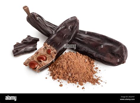 Carob Pod And Powder Isolated On White Background With Full Depth Of