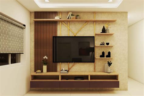 Classic TV Unit Design With Wooden Rafters Livspace