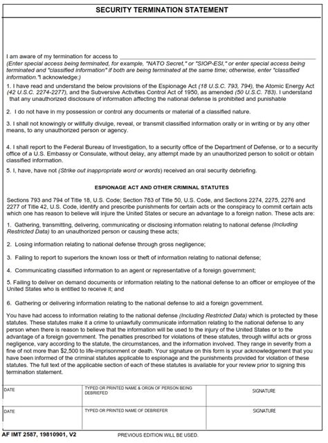 Af Form 2587 Security Termination Statement Af Forms