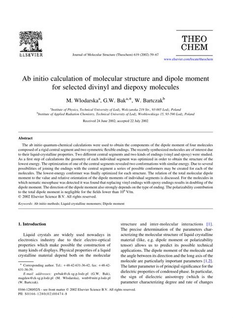 Pdf Ab Initio Calculation Of Molecular Structure And Dipole Moment