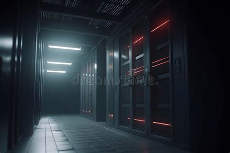 Shot Of Data Center With Multiple Rows Of Fully Operational Server