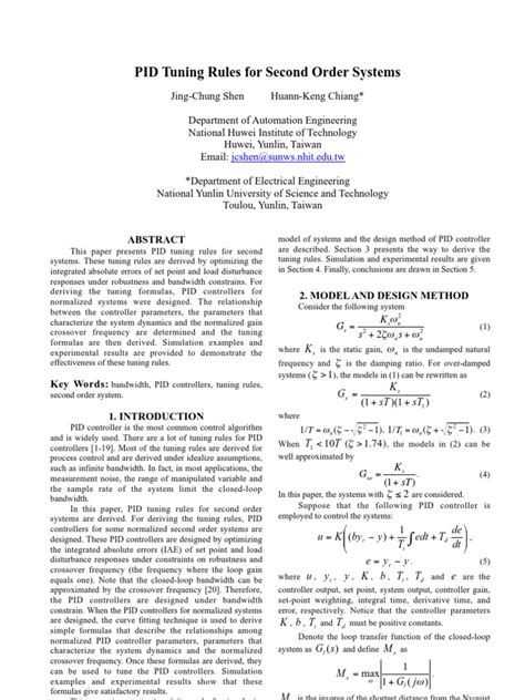 Pid Tuning Rules For Second Order Pdf Control Theory Control Engineering