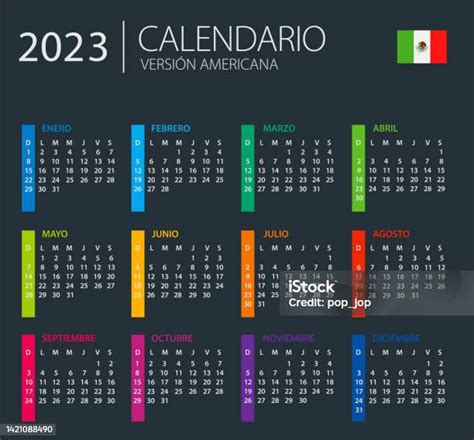 달력 2023 멕시코 라틴 아메리카 컬러 벡터 일러스트 레이 션 스페인어 버전 어두운 배경 달력에 대한 스톡 벡터 아트 및 기타 이미지 Istock