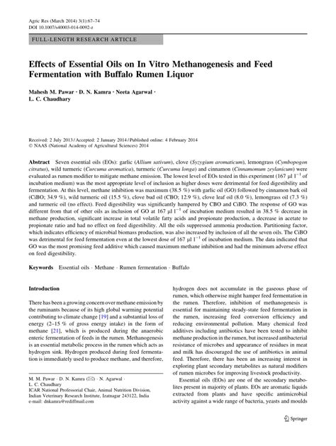Pdf Effect Of A Blend Of Essential Oils On In Vitro Methanogenesis And Feed Fermentation With