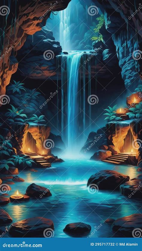 Imposing Subterranean Spa Wet Cave Cascading Waterfall And The Serene Blue Illumination