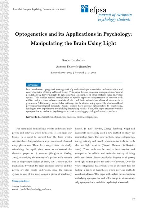 Pdf Optogenetics And Its Applications In Psychology Manipulating The Brain Using Light