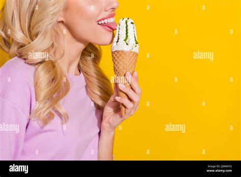 Profile Cropped Photo Of Young Girl Tongue Lick Ice Cream Isolated On