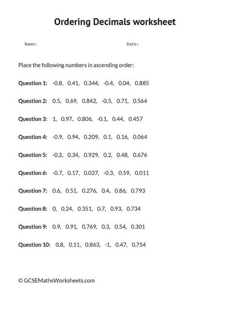 Ordering Decimals Worksheet Integers Worksheet Decimals Worksheets Math Addition Worksheets