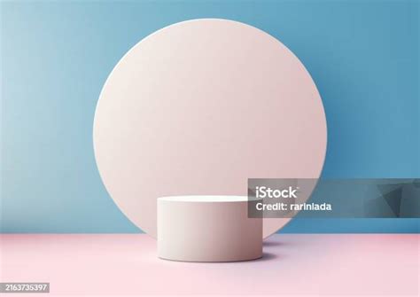 라이트 블루 배경에 대한 미니멀 디자인 3d 화이트 포디움과 파스텔 핑크 서클 패널 우아한 제품 디스플레이 모형 쇼케이스 받침대에 대한 스톡 벡터 아트 및 기타 이미지
