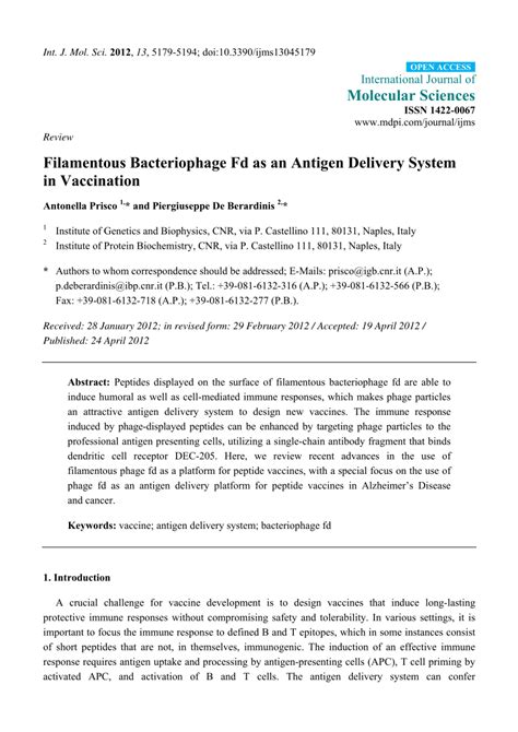 Pdf Filamentous Bacteriophage Fd As An Antigen Delivery System In