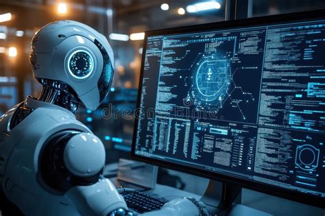 Advanced Robot Working On Computer Code Futuristic Technology Stock