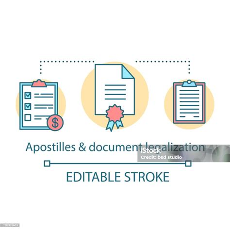 번역 서비스 개념 아이콘입니다 아포스틸 및 문서 합법화 아이디어 얇은 라인 그림 법률 논문 및 서면 텍스트 해석 벡터 절연