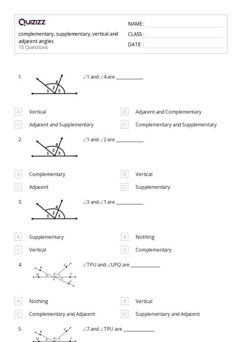 Angles Complementary Supplementary Vertical Adjacent Coloring Worksheets Library